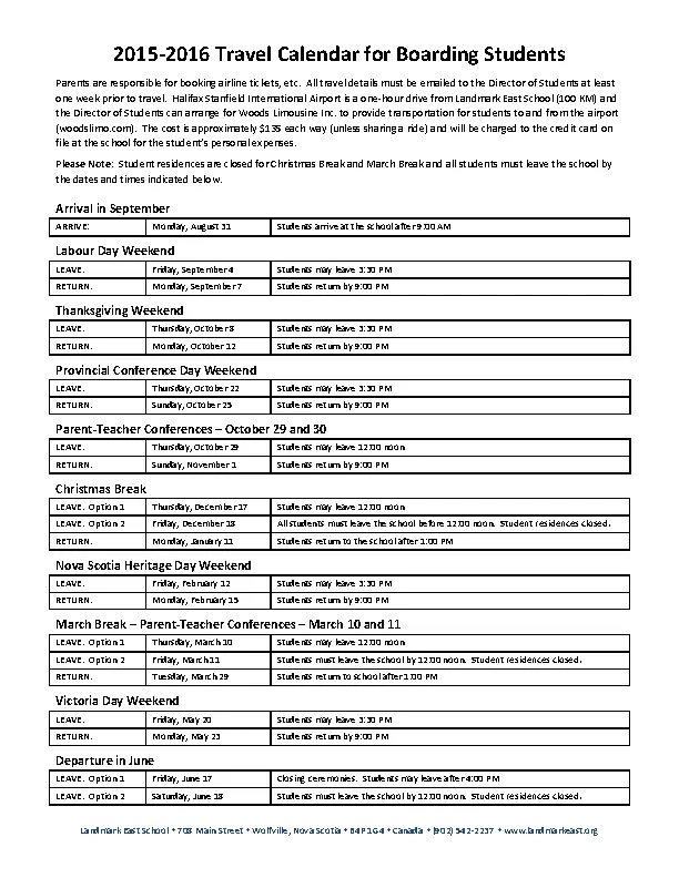 Travel Calendar For Boarding Students - PDFSimpli