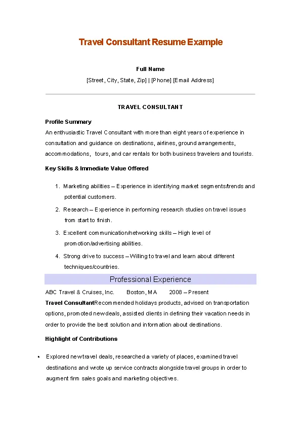 Travel Consultant Resume Example - PDFSimpli