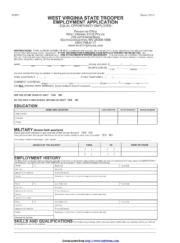 West Virginia State Trooper Employment Application - PDFSimpli