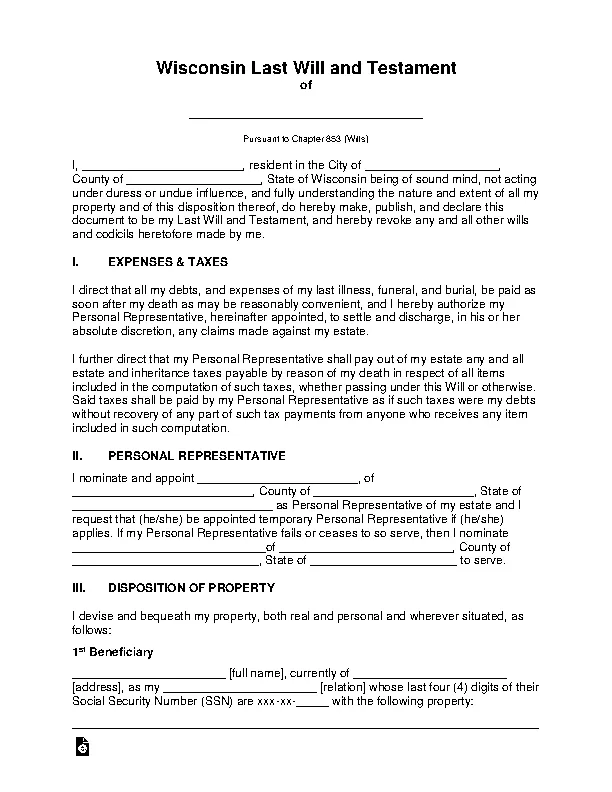 Wisconsin Last Will And Testament Template PDFSimpli