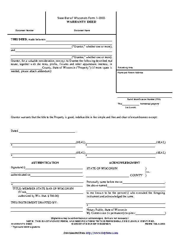 Wisconsin Warranty Deed Form - PDFSimpli