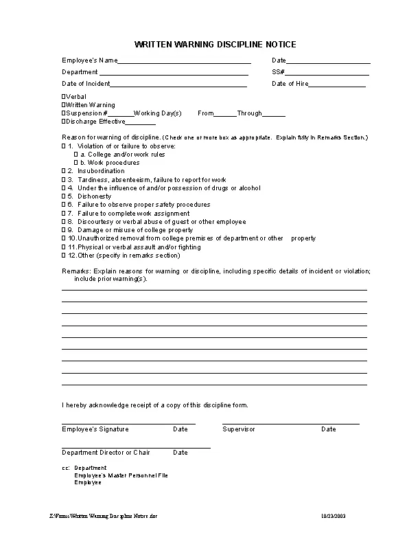 Written Warning Discipline Notice Template - PDFSimpli