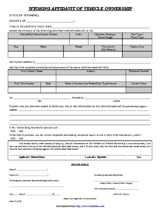 Wyoming Affidavit Of Vehicle Ownership Form - PDFSimpli