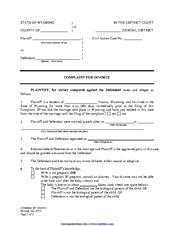 Wyoming Complaint For Divorce No Children Form - PDFSimpli